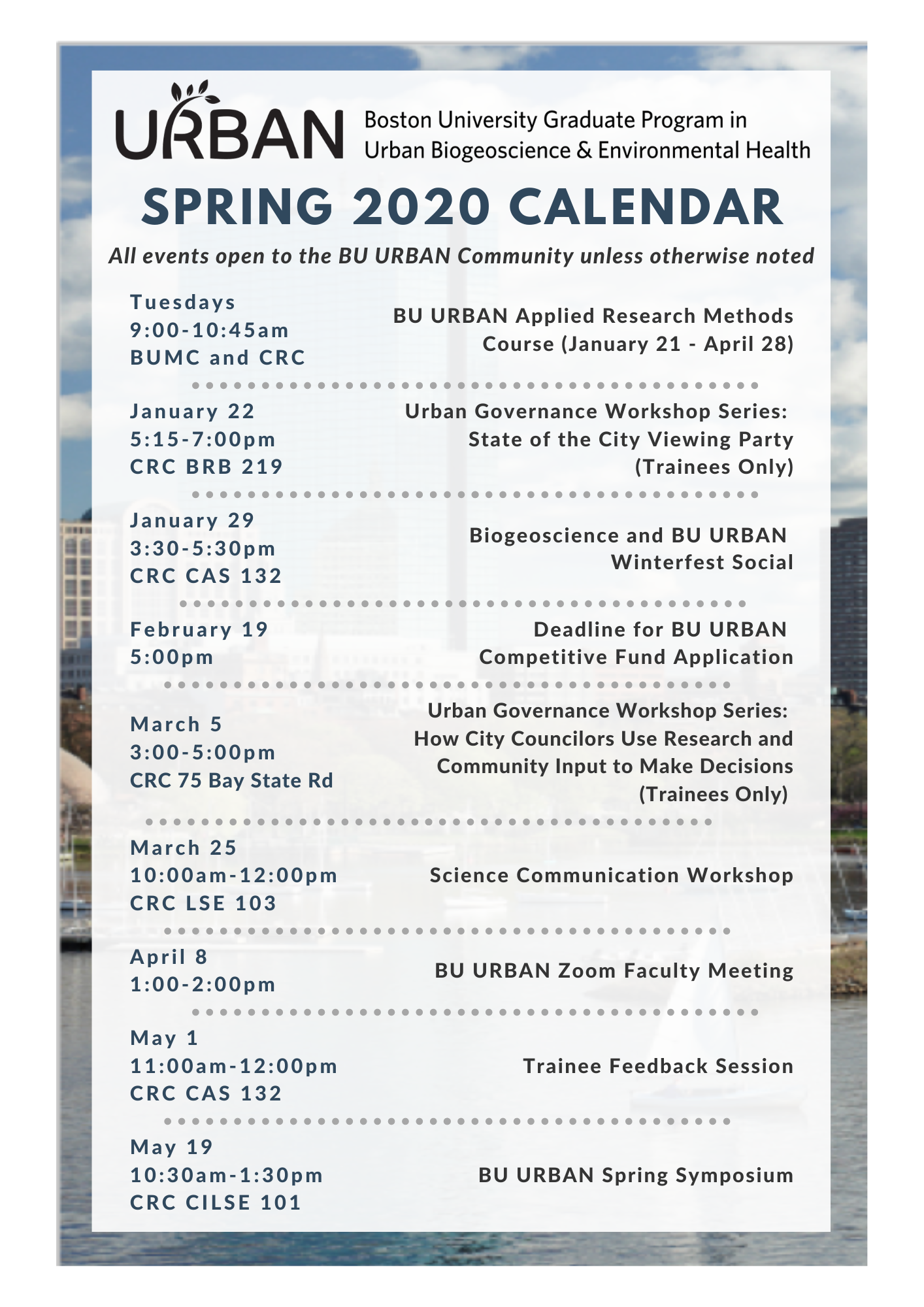 Announcing the Spring 2020 Calendar! | URBAN Program